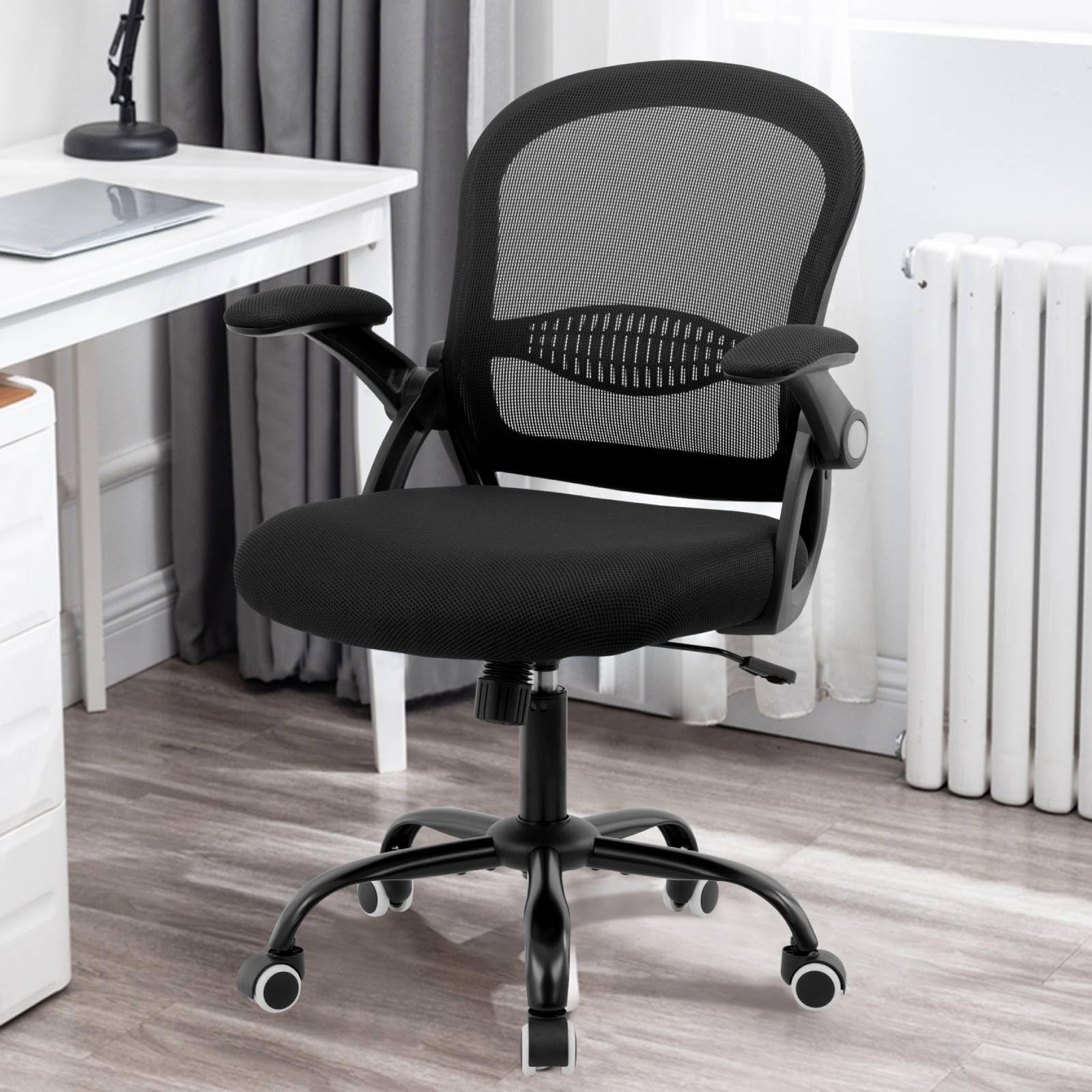 SAIBFARST Ergonomic Office Chair-Adjustable Height, Desk Chair with Wheels Mesh Computer Desk Chair with Flip-up Arms PU Leather Task Chair 300lbs