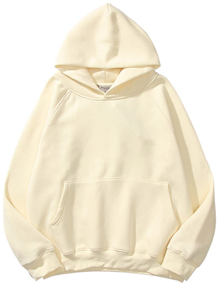 FLYCHEN Men's Solid Color Loose Hoodie Hip Hop Couples Long Sleeve Unisex Sweatshirt Apricot L