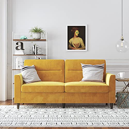 Novogratz Concord Sofa, Small Space Living Room 3 Seater, Pocket Coil Cushions, Mustard Yellow Velvet