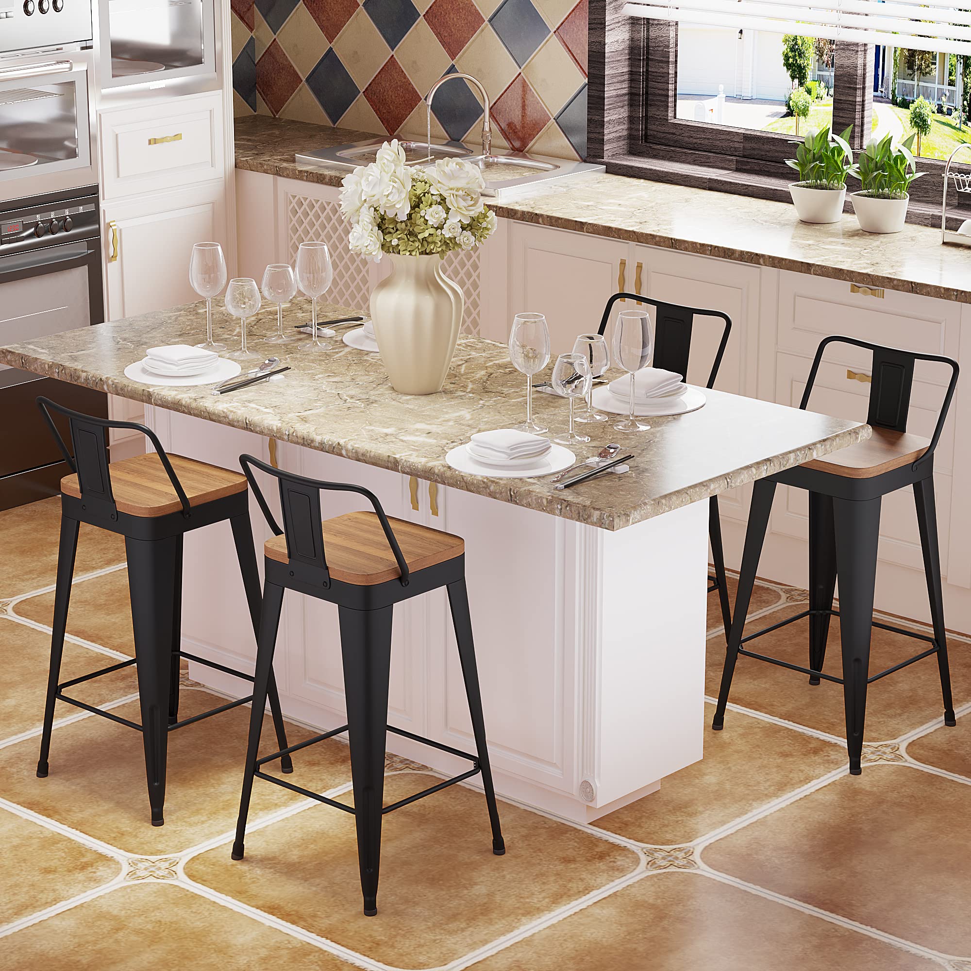 POINTANT Bar Stools Set of 4 Metal Bar Stool Counter Height Bar Stools Black, Modern 24" Bar Chairs with Back and Wooden Seat Bar Stools Counter Height