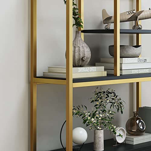 HITHOS Bookshelf, Tall Bookcase with 2 Drawers and Storage Shelves, Industrial Etagere Bookcase Book Shelves for Office, Living Room, Black/Gold