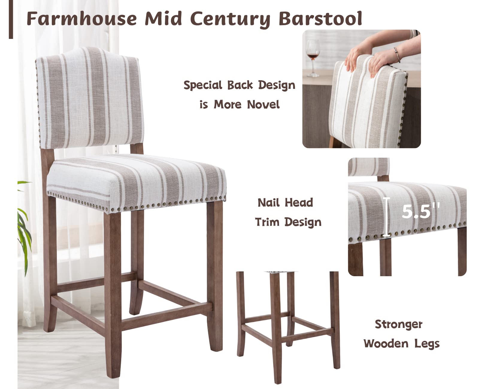 CIMOTA Counter Height Bar Stools Set of 2 Farmhouse Bar Chairs Mid Century Counter Stools Barstools with Back Kitchen Stools with Wood Legs for Island/Dining Room, Linen Beige Brown Stripe, 26 Inch