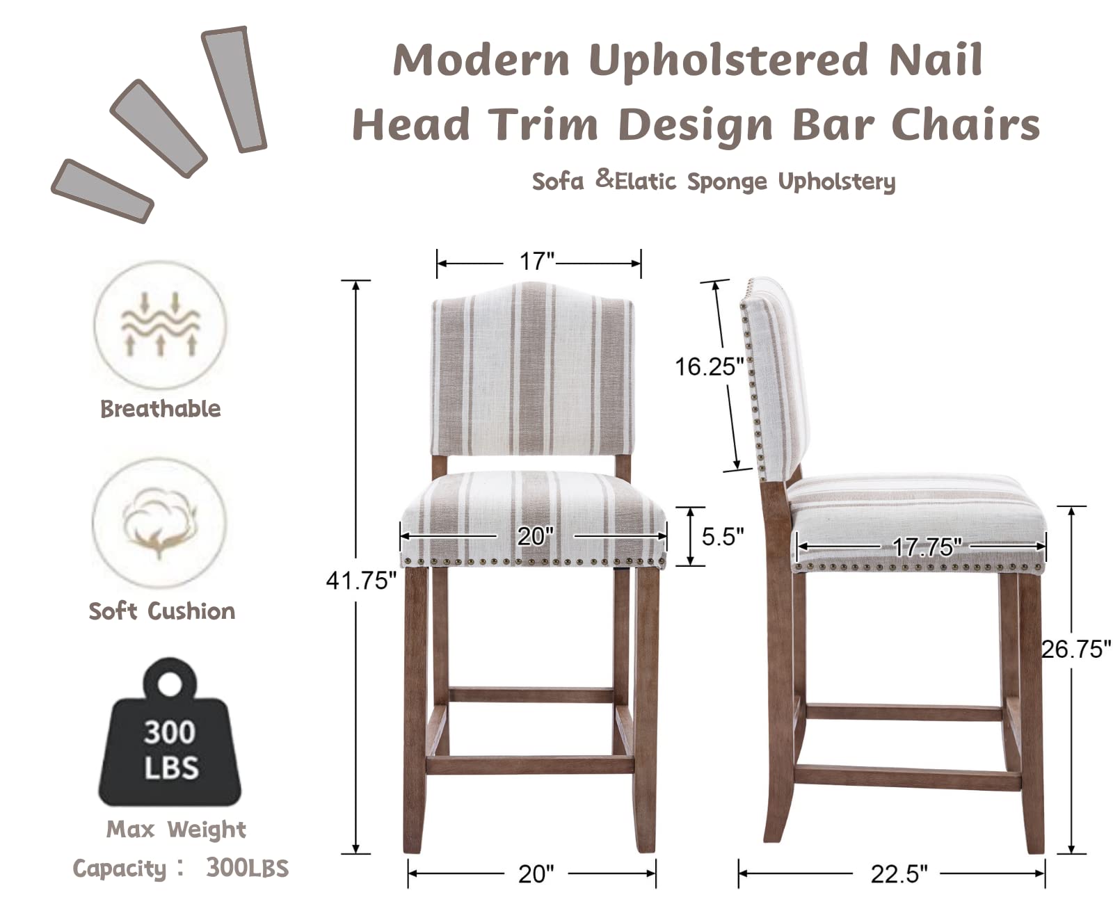 CIMOTA Counter Height Bar Stools Set of 2 Farmhouse Bar Chairs Mid Century Counter Stools Barstools with Back Kitchen Stools with Wood Legs for Island/Dining Room, Linen Beige Brown Stripe, 26 Inch
