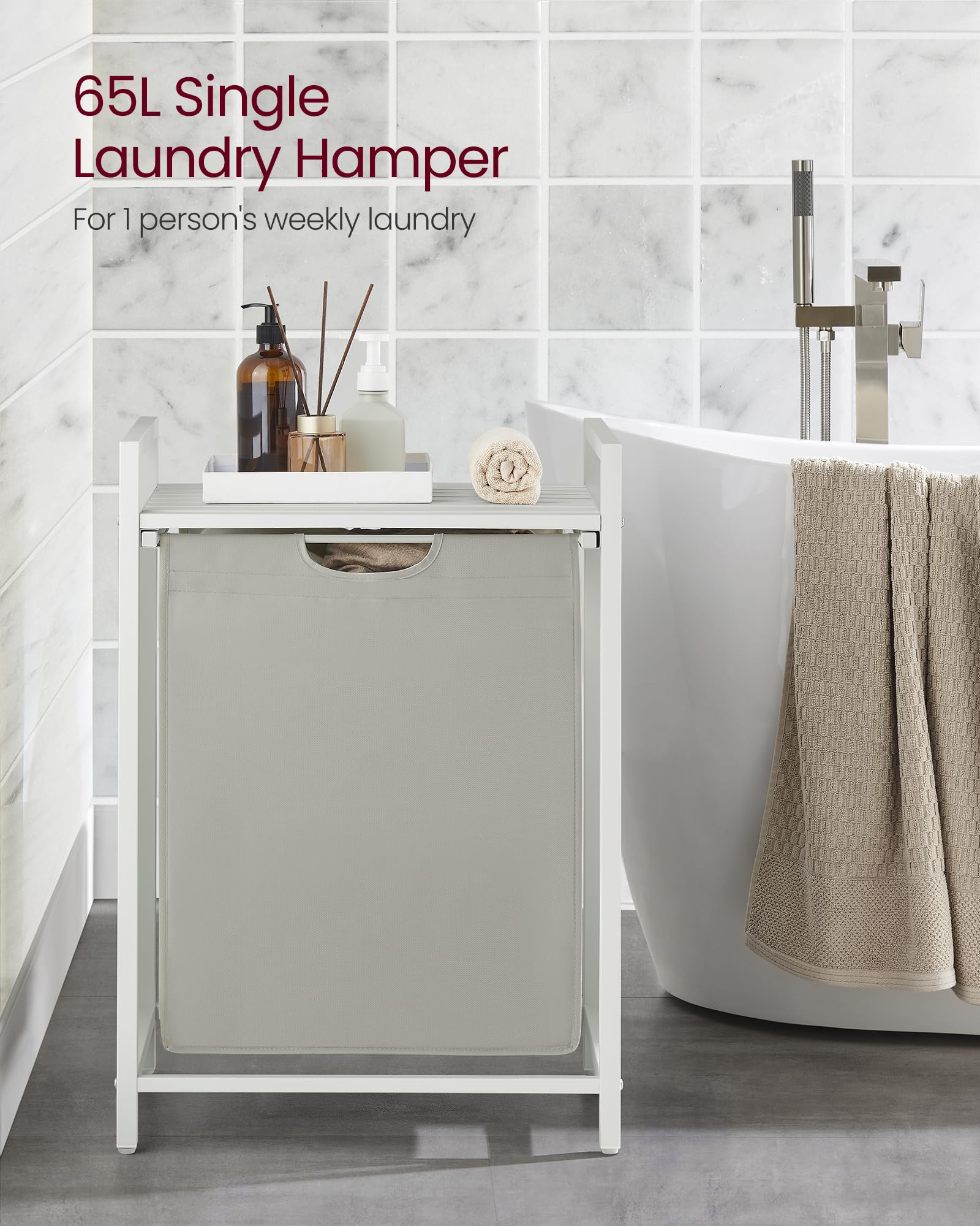 VASAGLE Laundry Hamper, Laundry Basket, Laundry Sorter with A Pull-Out and Removable Bag, Shelf, Metal Frame, 17.2 Gallons (65 L), 19.7 x 13 x 28.4 Inches, White UBLH101W01