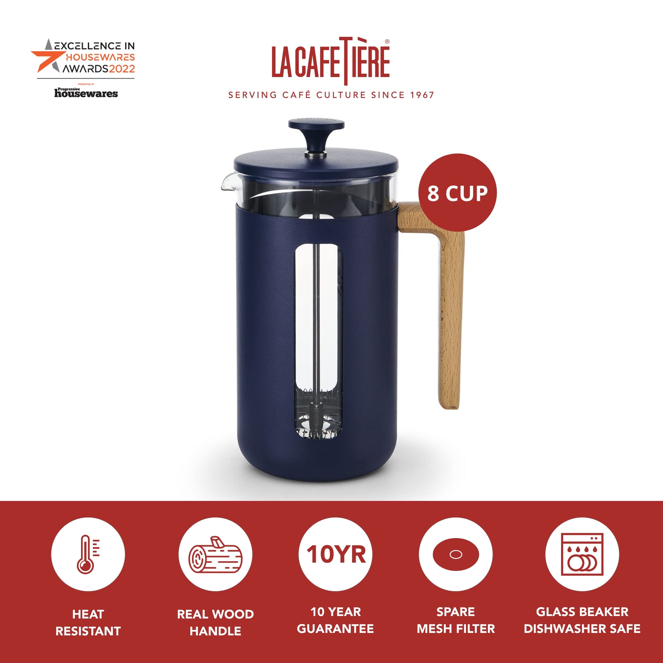 La Cafetière Pisa Cafetière, 8-Cup/1L, Heat-Resistant Borosilicate Glass and Stainless Steel with Easy-Grip Plunger, Large French Press Coffee Maker for Loose Tea and Ground Coffee, Navy