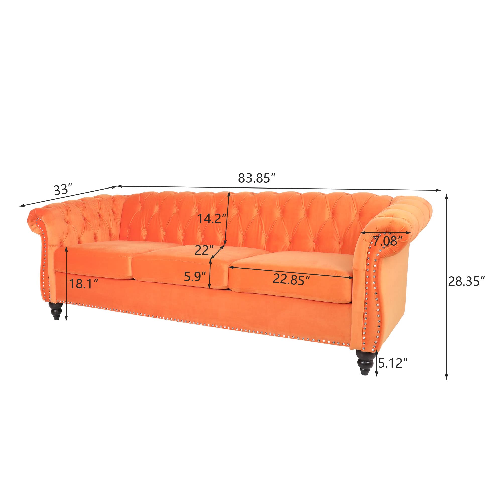 LEVNARY Velvet Chesterfield Sofa, Classic Tufted Upholstered Couch, Modern 3 Seater Couch Long Settee Furniture with Tufted Back for Living Room Office (Orange)