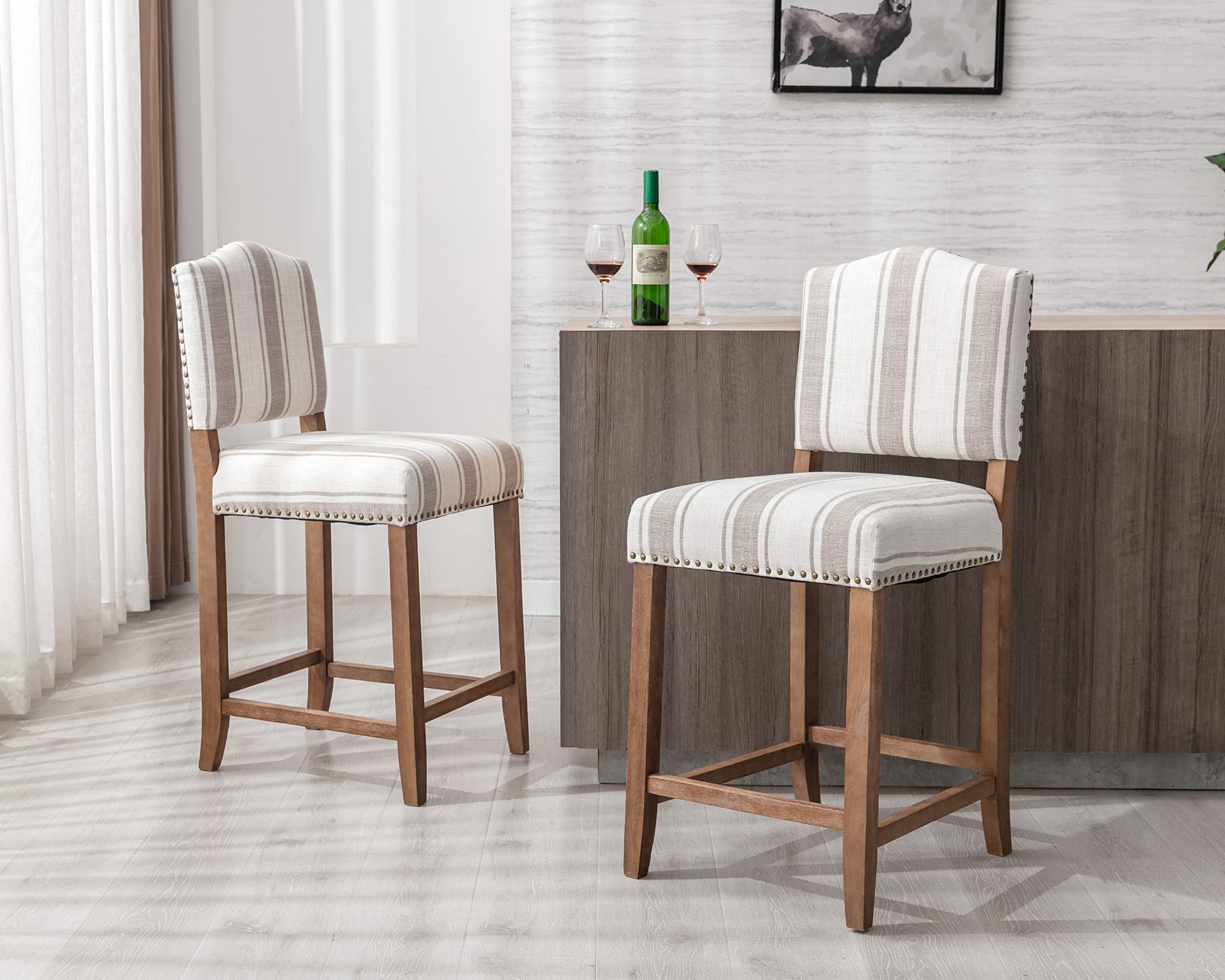 CIMOTA Counter Height Bar Stools Set of 2 Farmhouse Bar Chairs Mid Century Counter Stools Barstools with Back Kitchen Stools with Wood Legs for Island/Dining Room, Linen Beige Brown Stripe, 26 Inch
