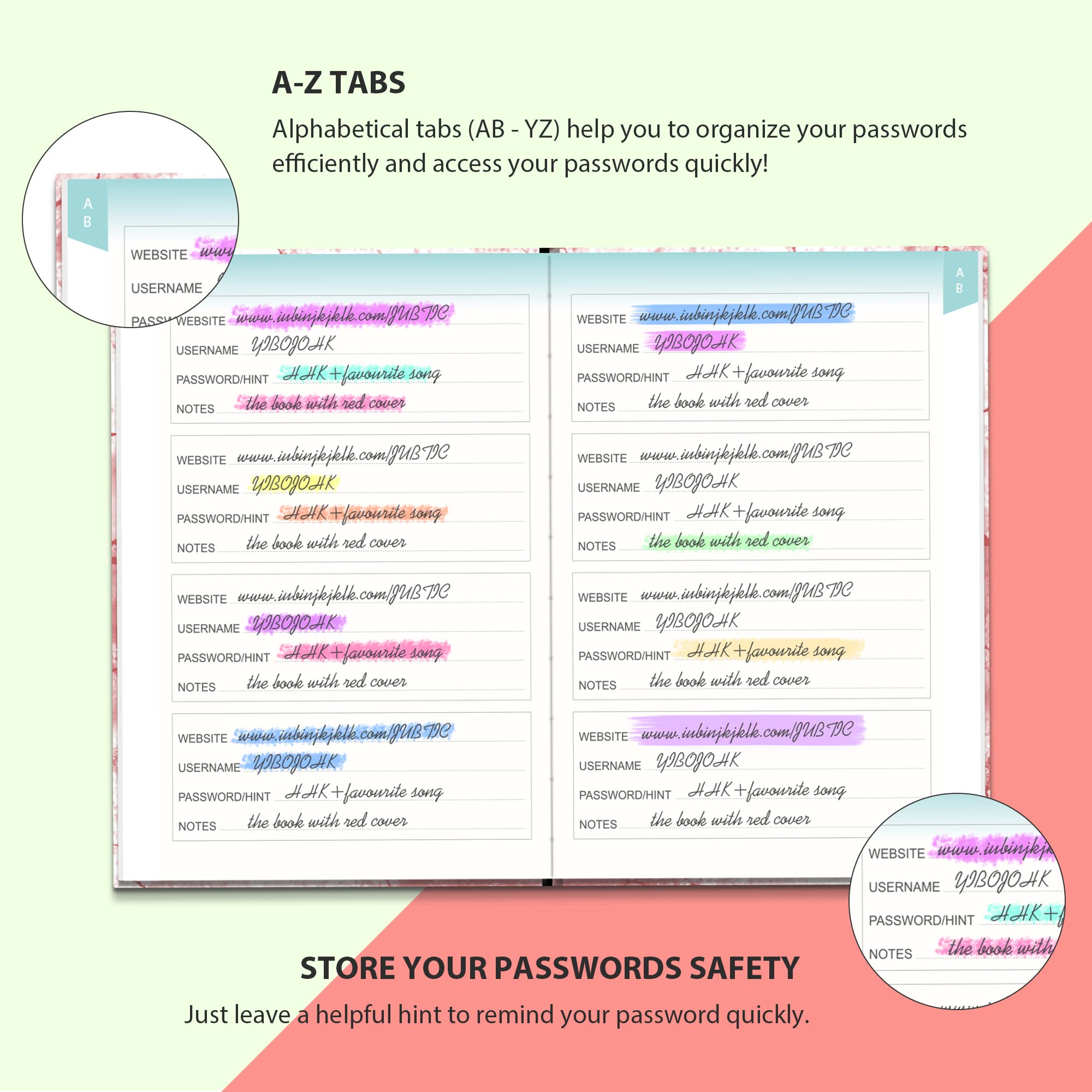 Artake Password Book with Alphabetical Tabs, Password Keeper Internet Address and Password Organizer Logbook, Hardcover Password Notebook, Pocket Address Book for Home Office,160 Pages (4.4" x 6.2")