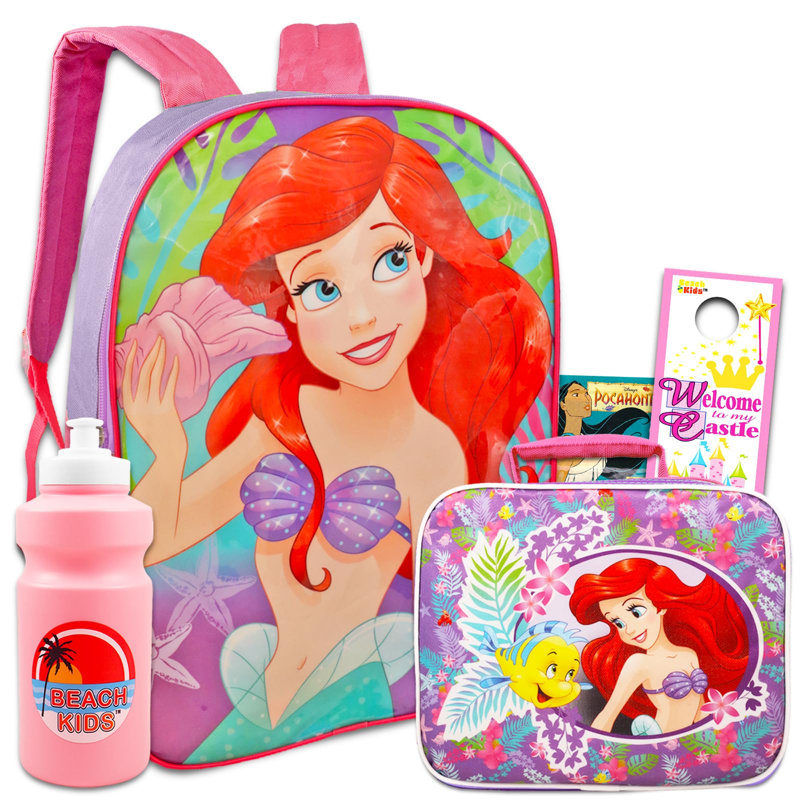 Disney The Little Mermaid Backpack with Lunch Box Set - Disney Princess Backpack for Girls Bundle with Ariel Lunch Bag, Stickers, More | Little Mermaid School Supplies