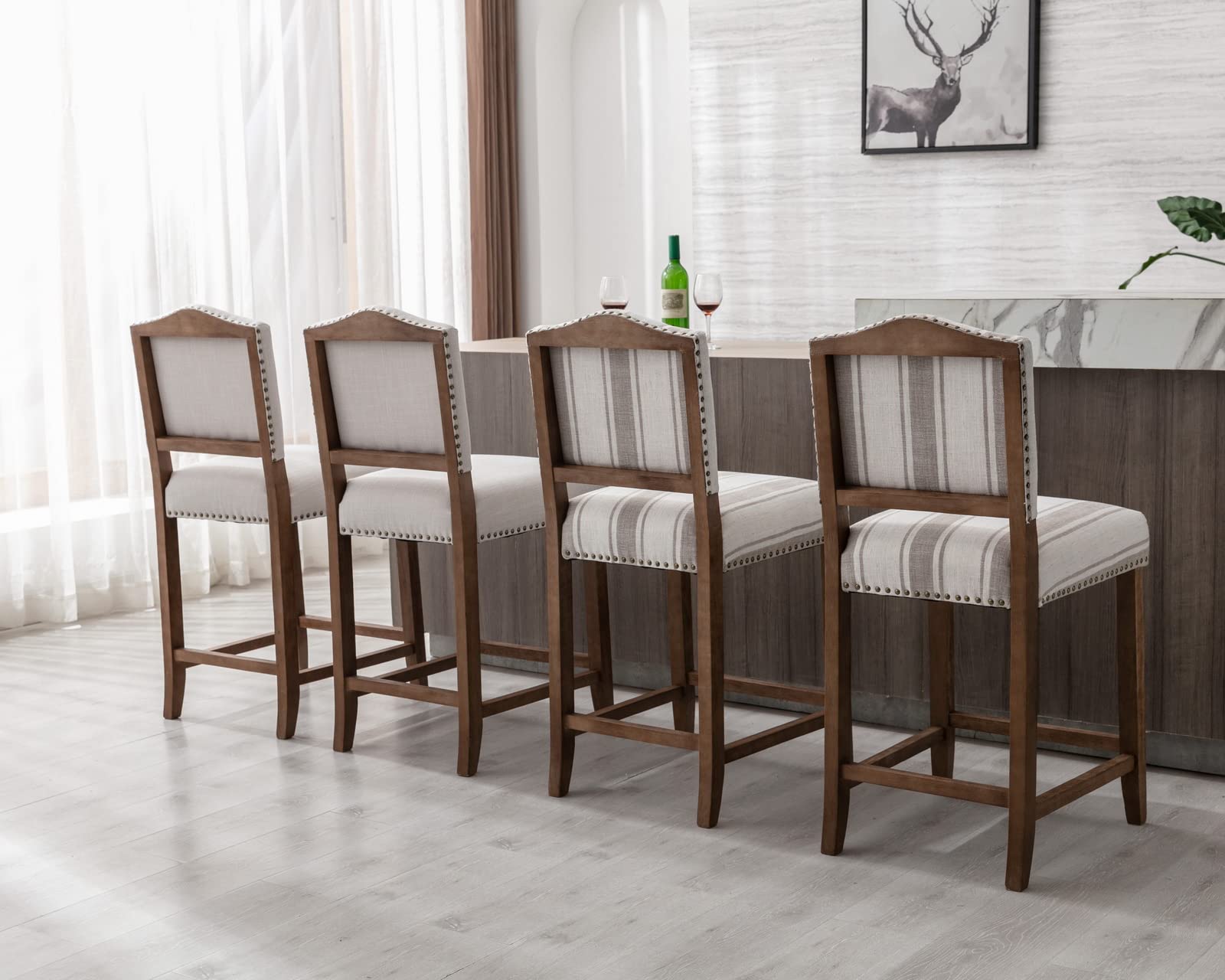 CIMOTA Counter Height Bar Stools Set of 2 Farmhouse Bar Chairs Mid Century Counter Stools Barstools with Back Kitchen Stools with Wood Legs for Island/Dining Room, Linen Beige Brown Stripe, 26 Inch