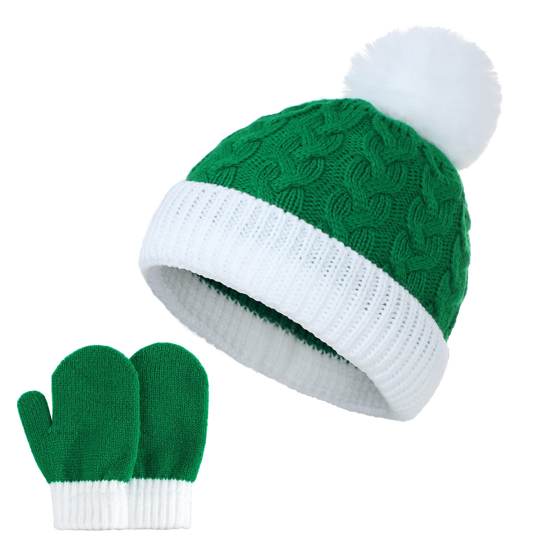 Zando Baby Newborn Hats Knit Soft Infant Winter Hat Pom Pom Thick Baby Beanie Hat Warm Baby Hat and Mitten Set Baby Toddler Mittens Winter Gloves Christmas Hat for Baby Girls Boys White&Green