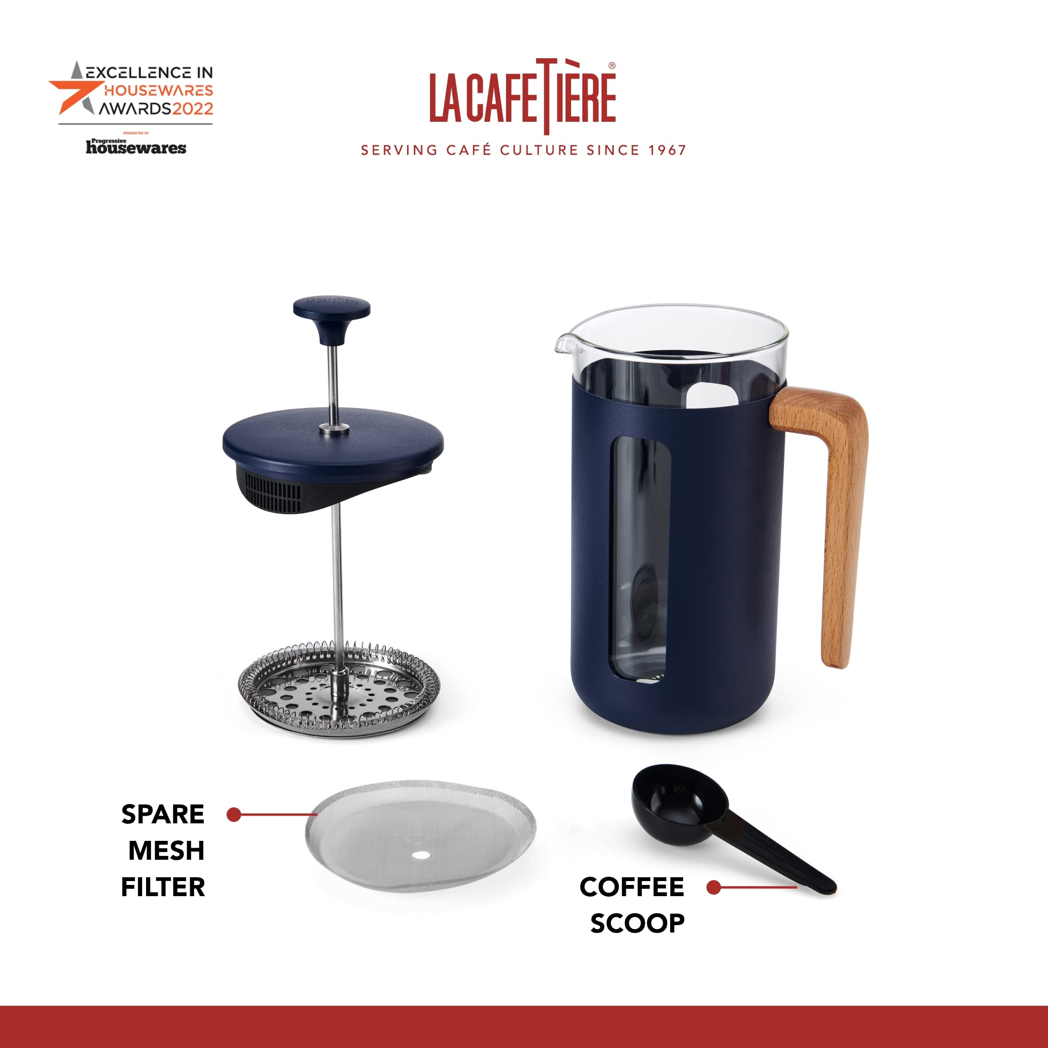 La Cafetière Pisa Cafetière, 8-Cup/1L, Heat-Resistant Borosilicate Glass and Stainless Steel with Easy-Grip Plunger, Large French Press Coffee Maker for Loose Tea and Ground Coffee, Navy