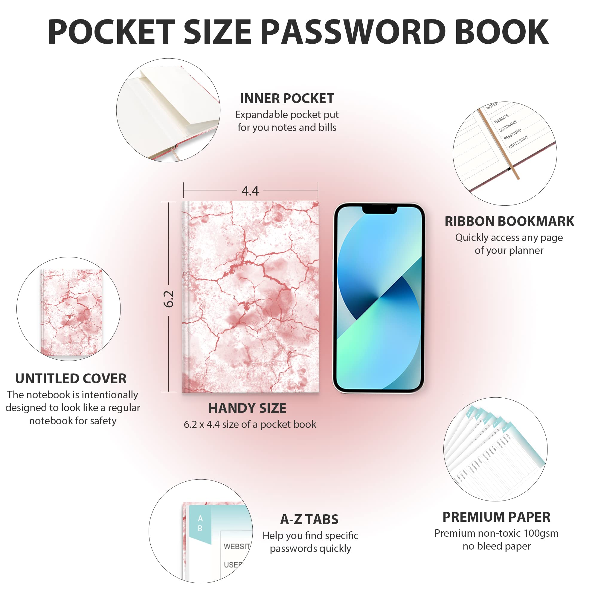 Artake Password Book with Alphabetical Tabs, Password Keeper Internet Address and Password Organizer Logbook, Hardcover Password Notebook, Pocket Address Book for Home Office,160 Pages (4.4" x 6.2")