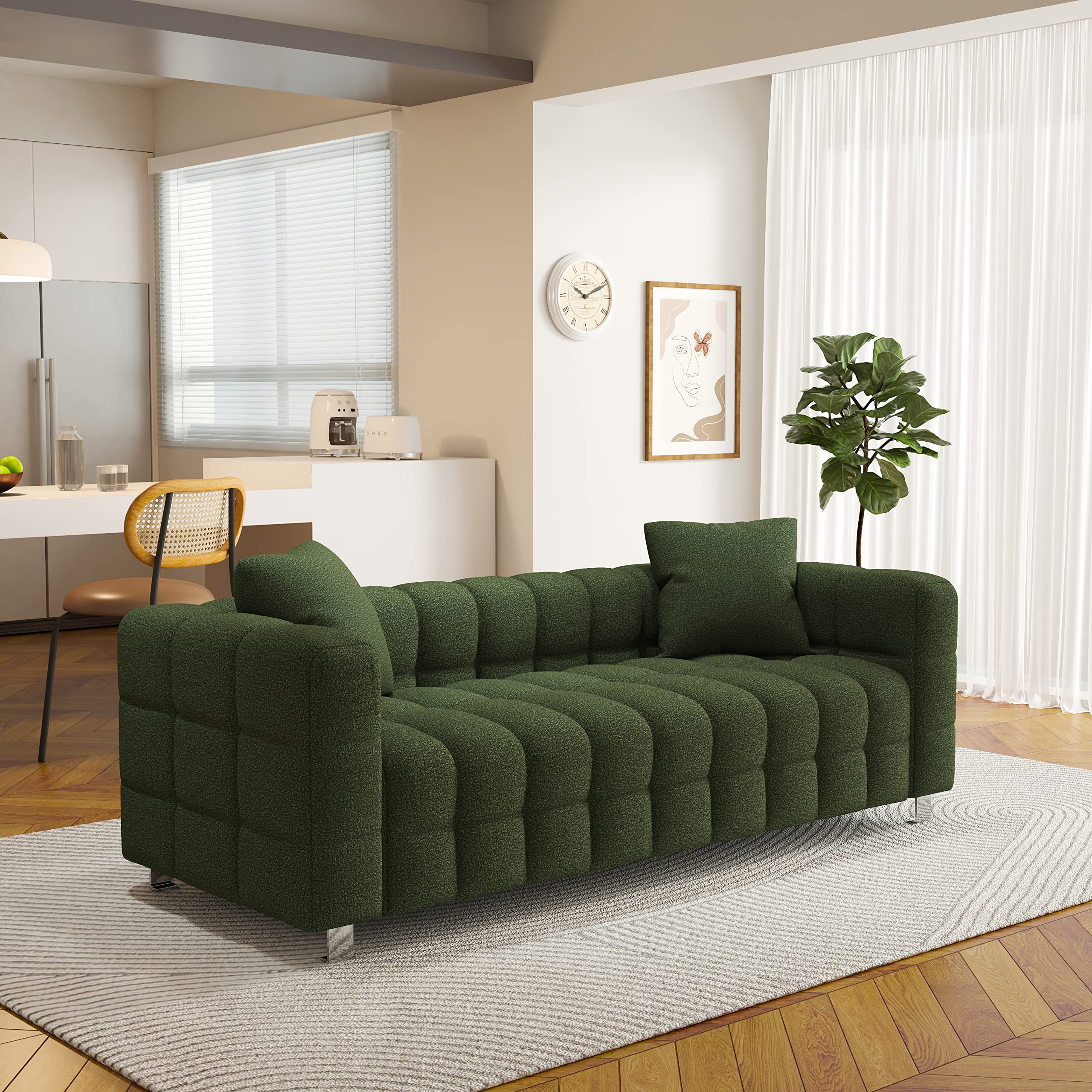 WILLIAMSPACE 80" Chesterfield Sofa, Modern Green Fleece 3 Seat Sofa, Mid-Century Upholstered Sofa Couch with Pillows & Metal Leg for Living Room Bedroom Apartment (Green)