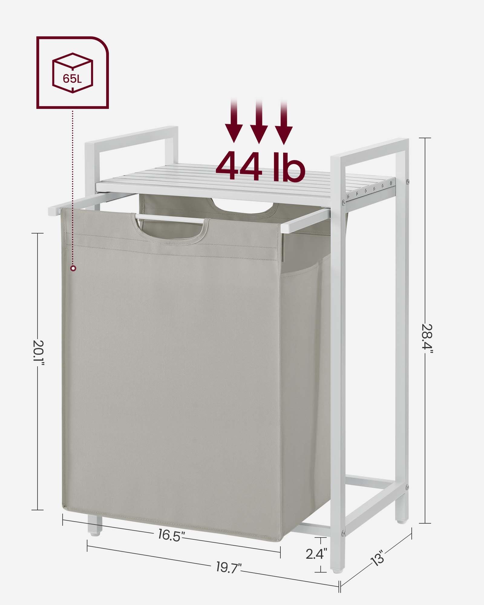VASAGLE Laundry Hamper, Laundry Basket, Laundry Sorter with A Pull-Out and Removable Bag, Shelf, Metal Frame, 17.2 Gallons (65 L), 19.7 x 13 x 28.4 Inches, White UBLH101W01