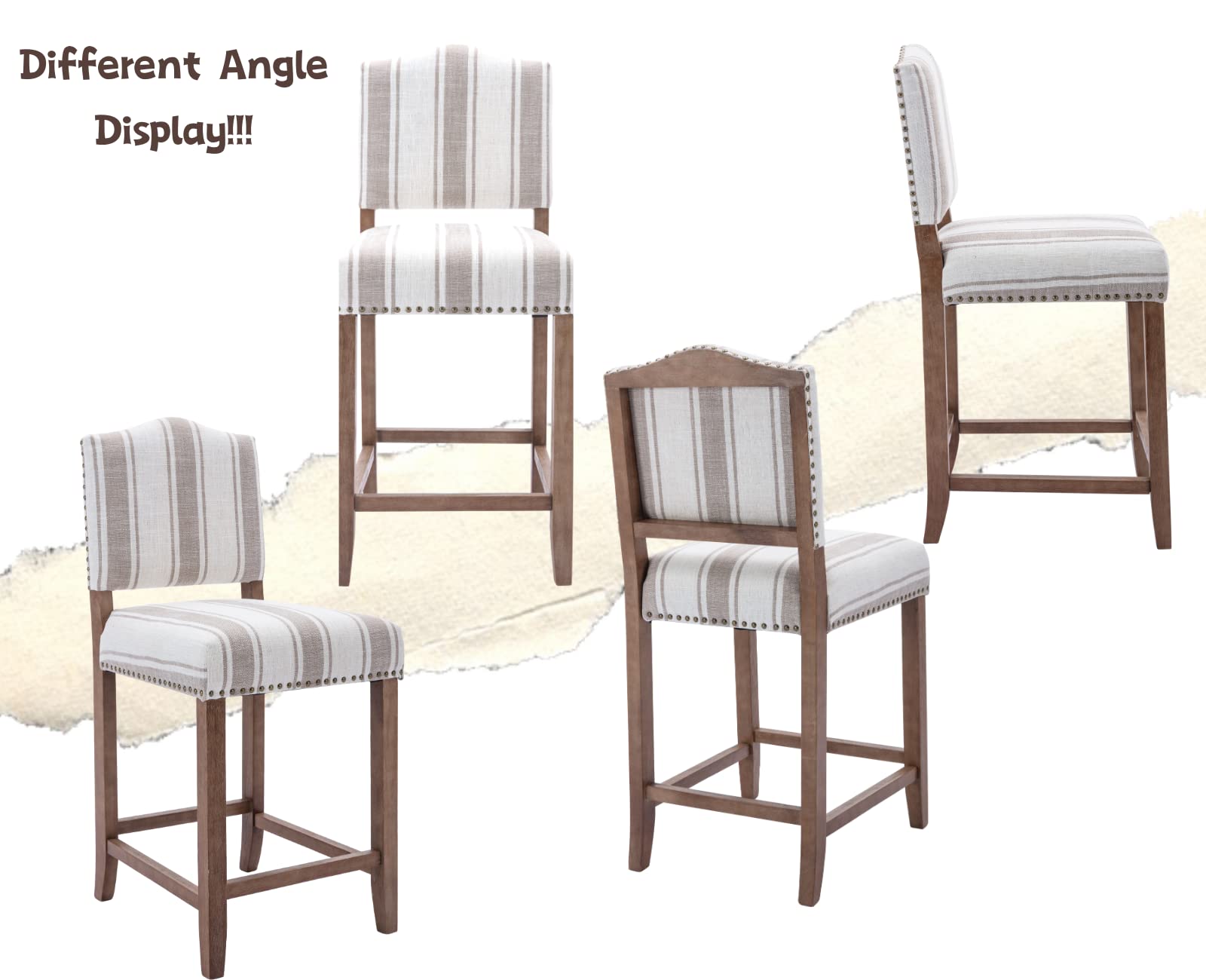 CIMOTA Counter Height Bar Stools Set of 2 Farmhouse Bar Chairs Mid Century Counter Stools Barstools with Back Kitchen Stools with Wood Legs for Island/Dining Room, Linen Beige Brown Stripe, 26 Inch