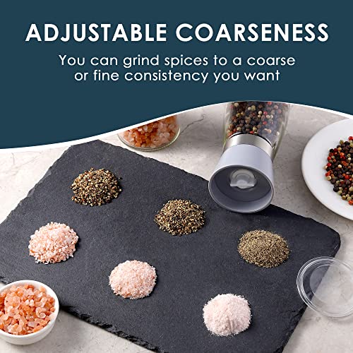 Vzaahu Salt and Pepper Grinder Set Grey - Refillable Small Sea Salt & Peppercorn Shakers Set, Adjustable Coarseness, Ceramic Burr, Premium Glass Salt & Pepper Mill