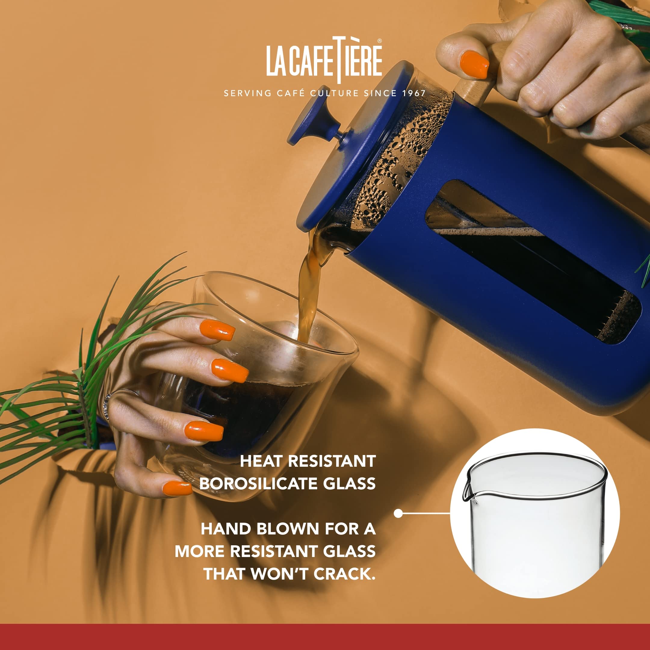 La Cafetière Pisa Cafetière, 8-Cup/1L, Heat-Resistant Borosilicate Glass and Stainless Steel with Easy-Grip Plunger, Large French Press Coffee Maker for Loose Tea and Ground Coffee, Navy