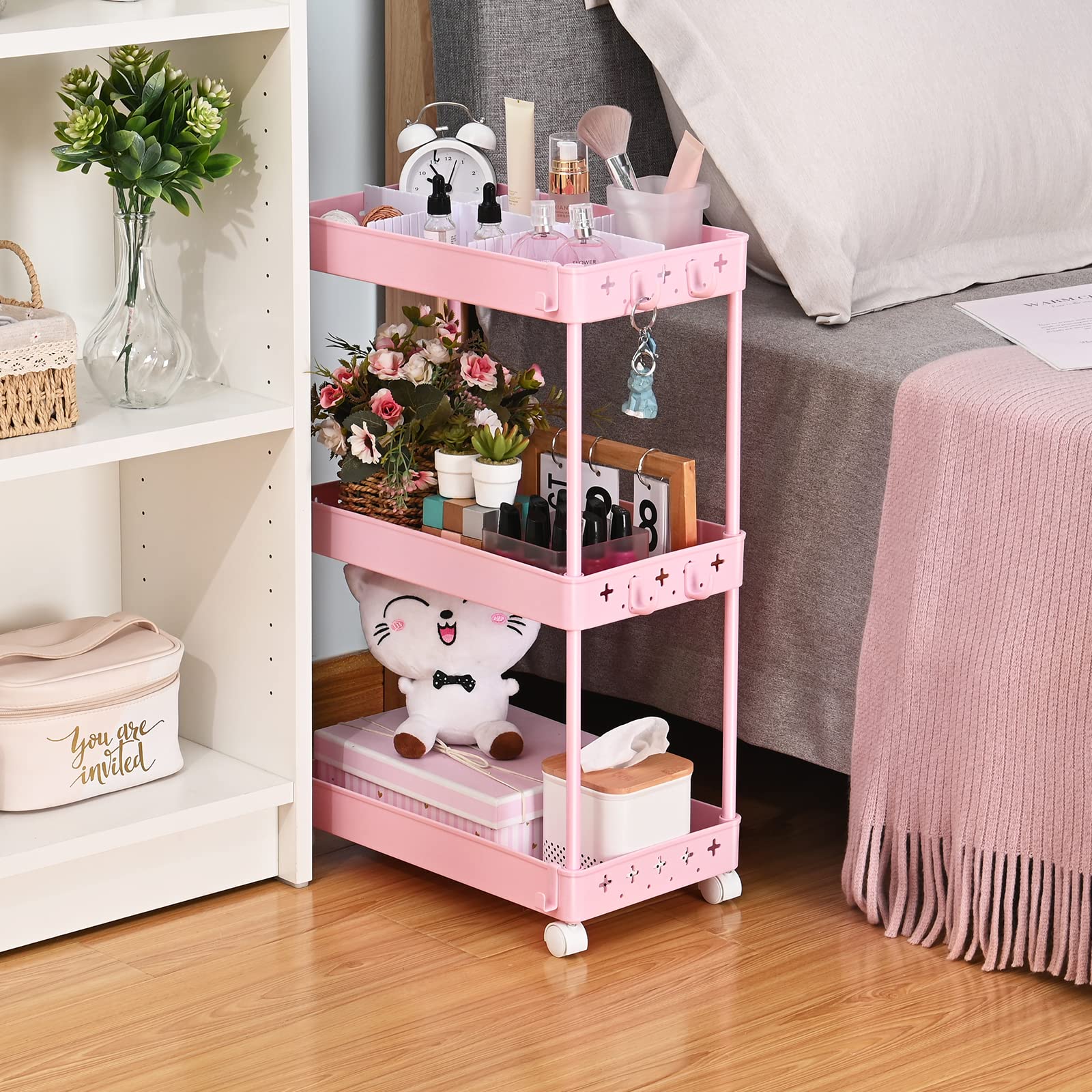KINGRACK 3 Tier Rolling Utility Storage Cart with Adjustable Dividers, Multi-Purpose Storage Cart, Craft Art Cart Trolley Organizer, Slide Out Cart for Bedroom Bathroom Laundry Kid's Room, Pink