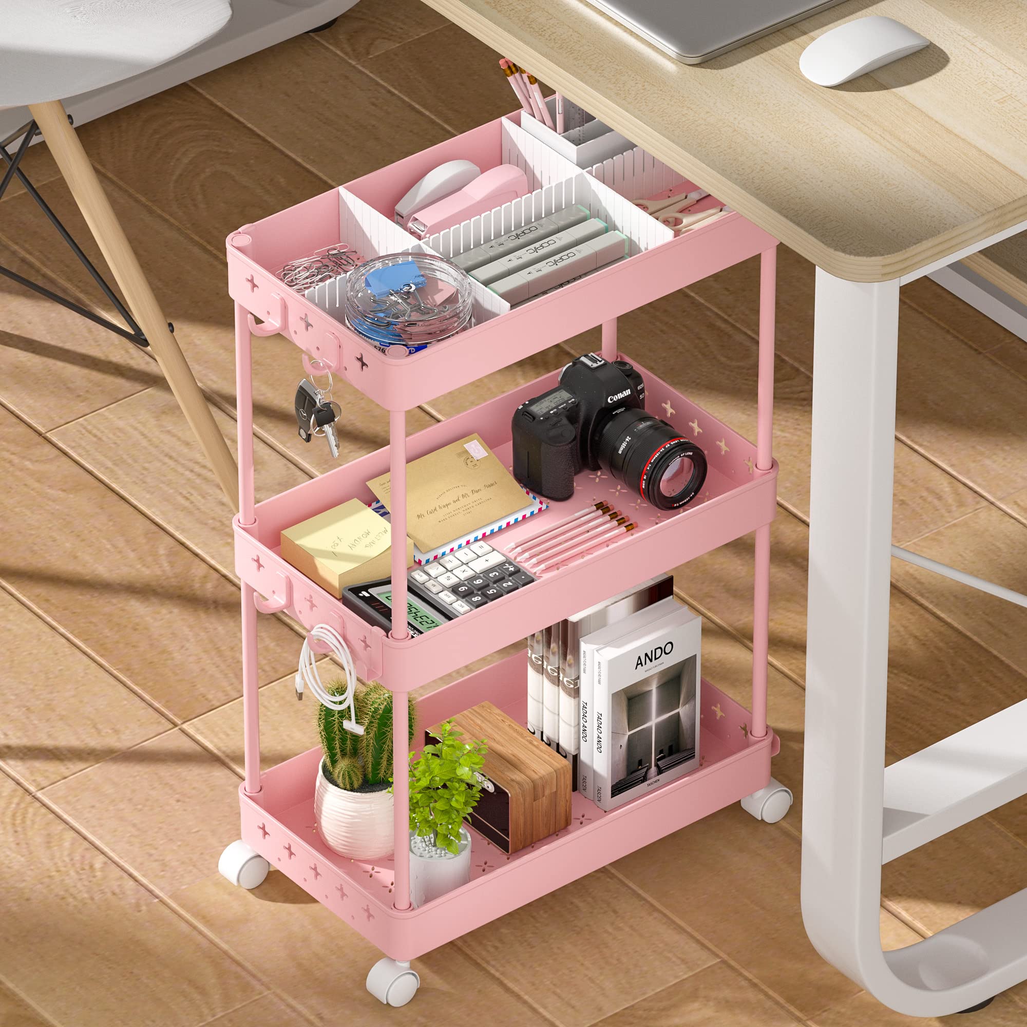 KINGRACK 3 Tier Rolling Utility Storage Cart with Adjustable Dividers, Multi-Purpose Storage Cart, Craft Art Cart Trolley Organizer, Slide Out Cart for Bedroom Bathroom Laundry Kid's Room, Pink
