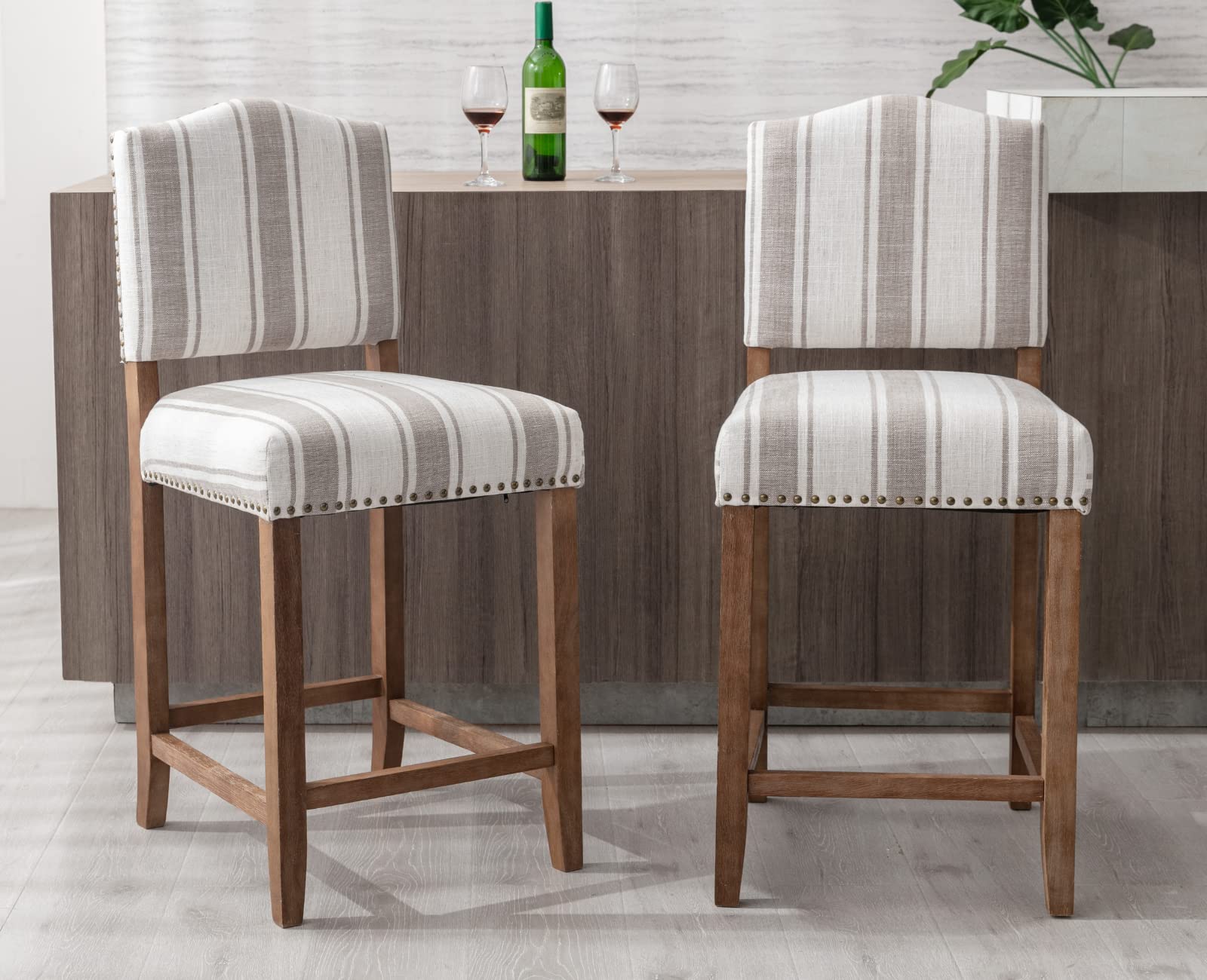 CIMOTA Counter Height Bar Stools Set of 2 Farmhouse Bar Chairs Mid Century Counter Stools Barstools with Back Kitchen Stools with Wood Legs for Island/Dining Room, Linen Beige Brown Stripe, 26 Inch
