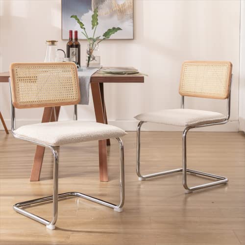 ONEVOG Rattan Dining Chairs with Cane Backrest, Upholstered Comfy Sturdy Side Chair for Leisure, Bedroom, Kitchen, Living Room, Enterway, Set of 2 (Beige)