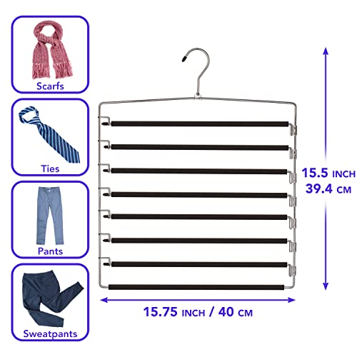 USTECH 8 Tier Swing Arm Pants Hanger | Space Saving Clothing Hangers with Foam Padding and Removable Arms | Alloy Steel Construction for Durability | Hook with Capped Ends for Added Safety | Pack of 2