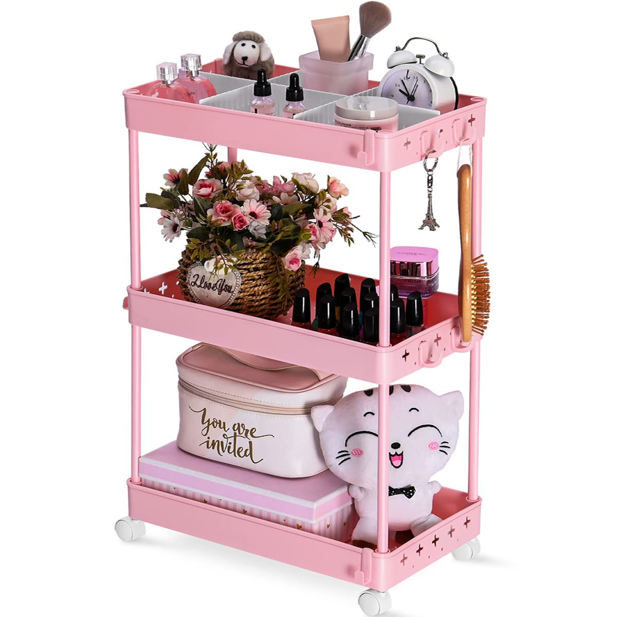 KINGRACK 3 Tier Rolling Utility Storage Cart with Adjustable Dividers, Multi-Purpose Storage Cart, Craft Art Cart Trolley Organizer, Slide Out Cart for Bedroom Bathroom Laundry Kid's Room, Pink