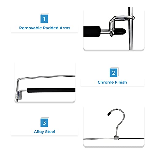 USTECH 8 Tier Swing Arm Pants Hanger | Space Saving Clothing Hangers with Foam Padding and Removable Arms | Alloy Steel Construction for Durability | Hook with Capped Ends for Added Safety | Pack of 2
