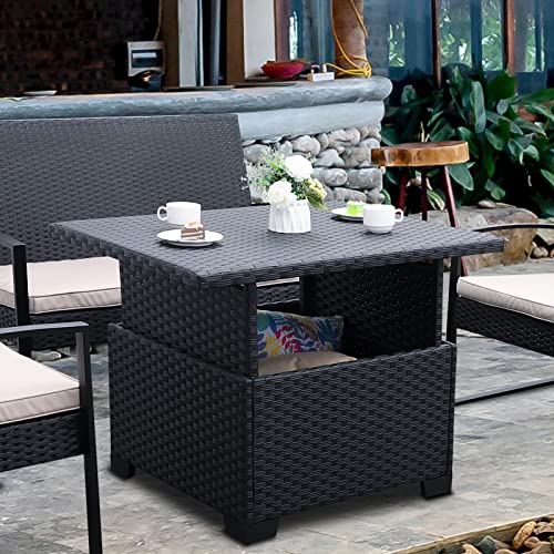 Outdoor PE Wicker Liftable Coffee Table - Patio Rattan Garden Furniture Multi-Functional Storage Tea Table, Black