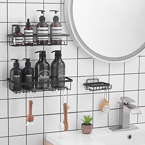Top Taste 3-Pack Shower Caddy Shelf Organizer Rack with Soap Dish Holder,No Drilling Traceless Adhesive Black Shower Wall Shelves with Hooks, Wall Mount Shower Storage Organization Accessories