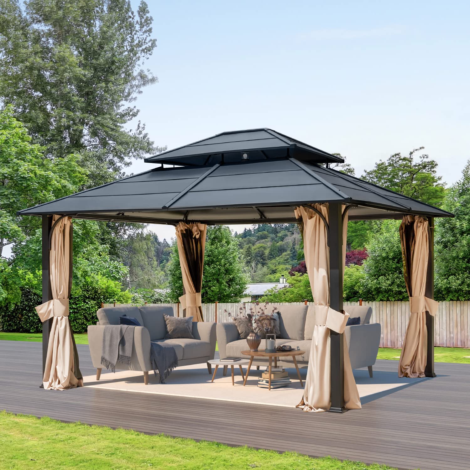 EROMMY 12'x14' Metal Steel Gazebo, Outdoor Aluminum Hardtop Canopy with Netting and Shaded Curtains, Double Roof Pergolas, Permanent Metal Pavilion for Patio, Backyard, Deck and Lawns Dark Bronze