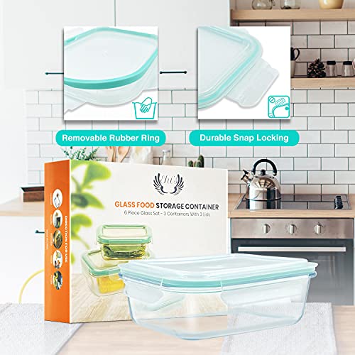 Ehi's Glass Food Storage Containers Set - Meal Prep Container with Locking Lids - 100% Leakproof, BPA-Free & Airtight Portion Control Lunch Containers, Freezer-to-Oven-Safe Food Containers, Set of 3