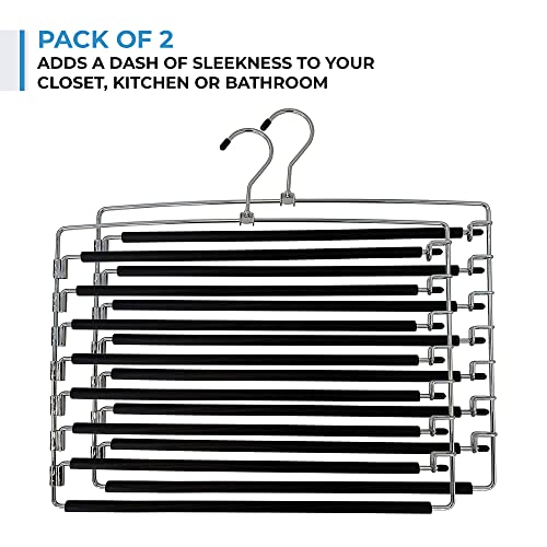 USTECH 8 Tier Swing Arm Pants Hanger | Space Saving Clothing Hangers with Foam Padding and Removable Arms | Alloy Steel Construction for Durability | Hook with Capped Ends for Added Safety | Pack of 2