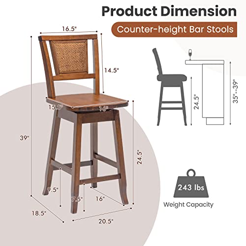 COSTWAY Bar Stools Set of 2, 24.5 Inch Counter Height Bar Stool with Rattan Back, 360°Swivel Seat, Comfortable Footrests, Rubber Wood Bar Stools for Kitchen Island, Dining Room, Cafe, Pub (2)