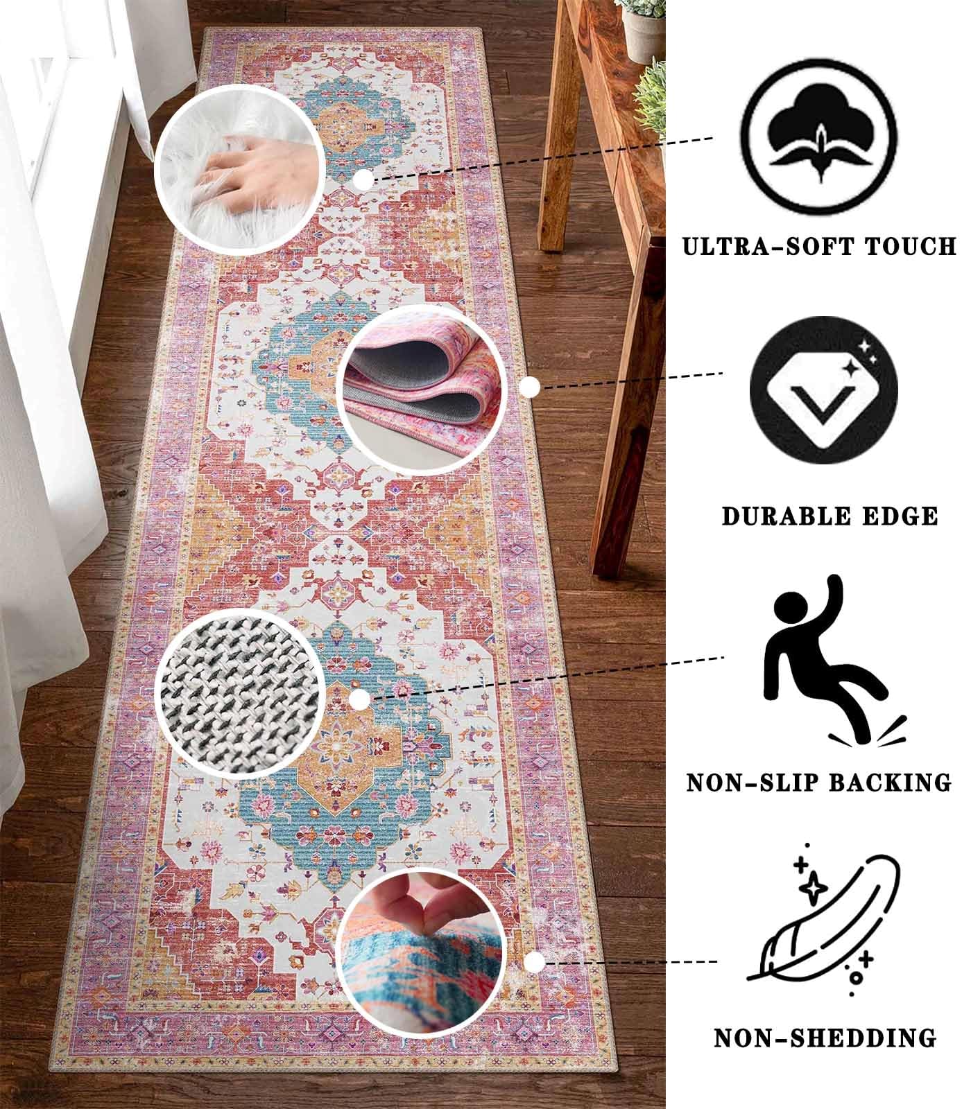 Poeti Washable Runner Rug 2x12, Non Slip Runners for Hallways, Ultra-Soft Carpet Runner Kitchen Runner Rug with Rubber Backing, Laundry Room Rug (Pink)