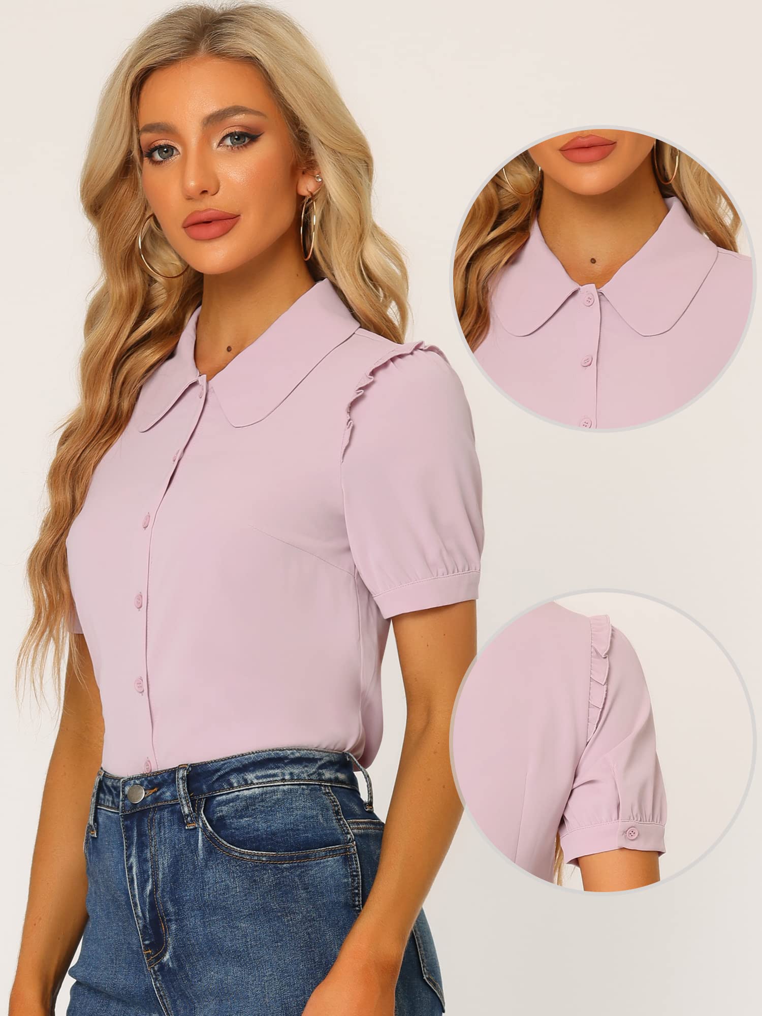 Allegra K Work Collared Top for Women's Peter Pan Collar Short Sleeve Button Front Shirt X-Small Pink