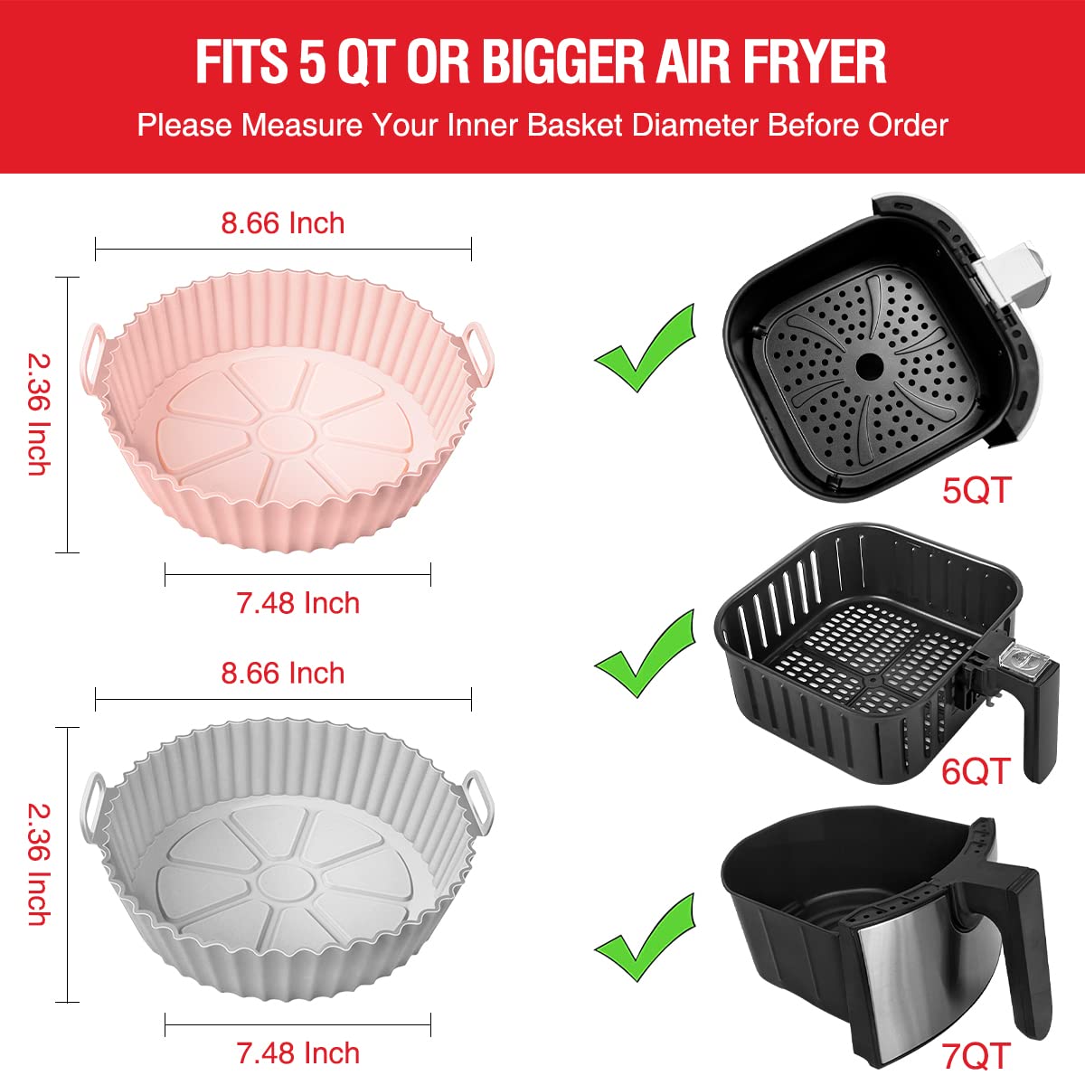 2 Pack Air Fryer Silicone Liners for 5 QT or Bigger,Silicone Air Fryer Liners Inserts,Replacement of Flammable Parchment Paper,Reusable Baking Tray Oven Accessories,Pink+Grey(Top8.66in, Bottom7.48in)
