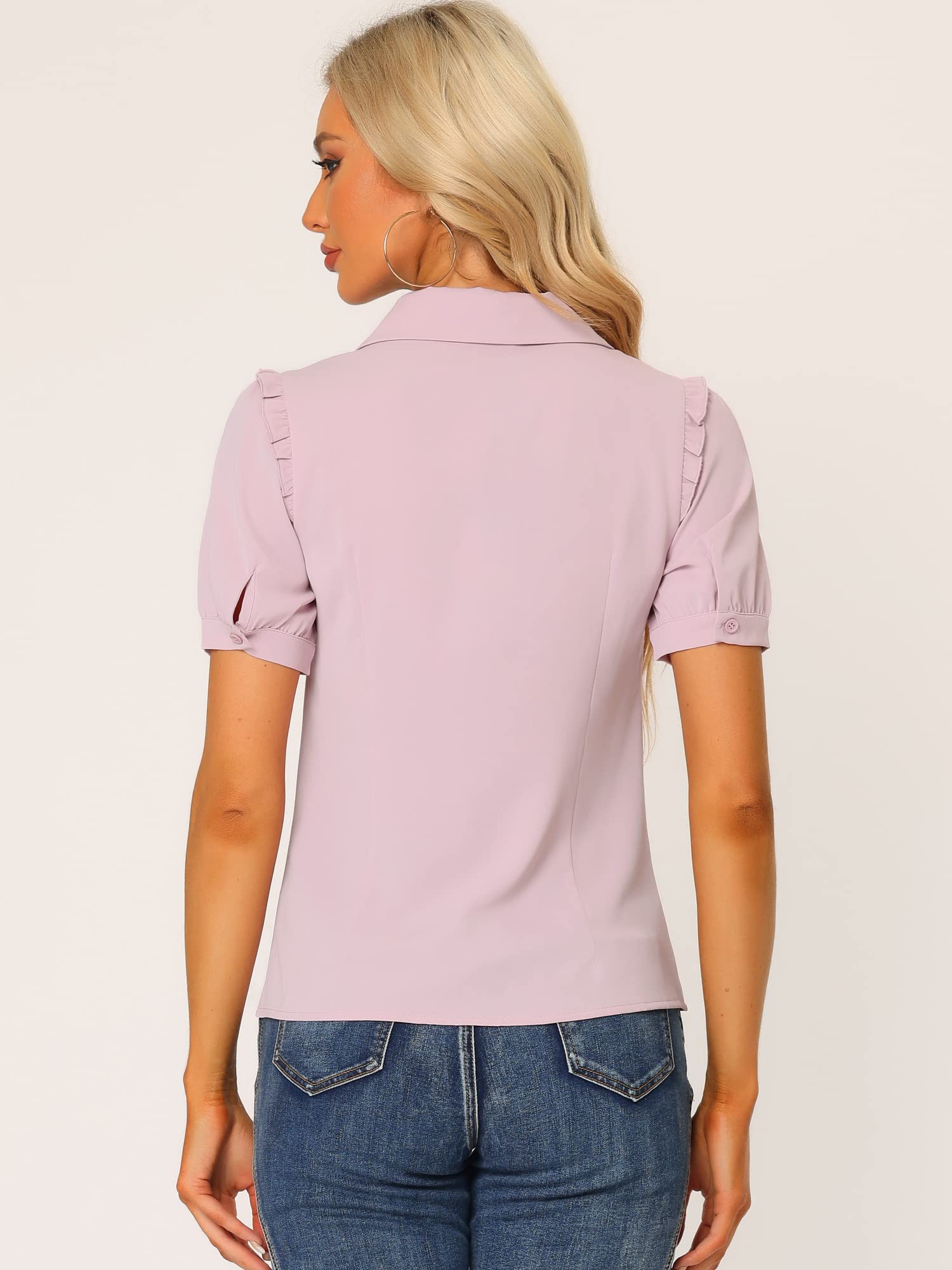 Allegra K Work Collared Top for Women's Peter Pan Collar Short Sleeve Button Front Shirt X-Small Pink