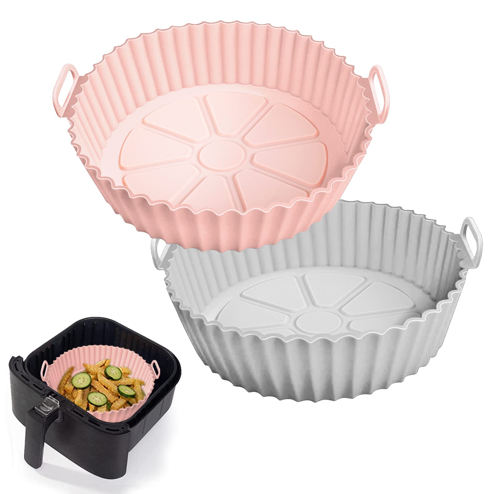 2 Pack Air Fryer Silicone Liners for 5 QT or Bigger,Silicone Air Fryer Liners Inserts,Replacement of Flammable Parchment Paper,Reusable Baking Tray Oven Accessories,Pink+Grey(Top8.66in, Bottom7.48in)