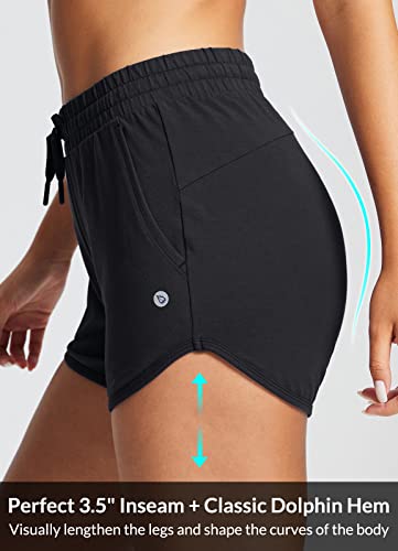 BALEAF Women's Athletic Cotton Sweat Shorts with Pockets 3.5" Workout Yoga Running Casual Sleep Short Summer Black L