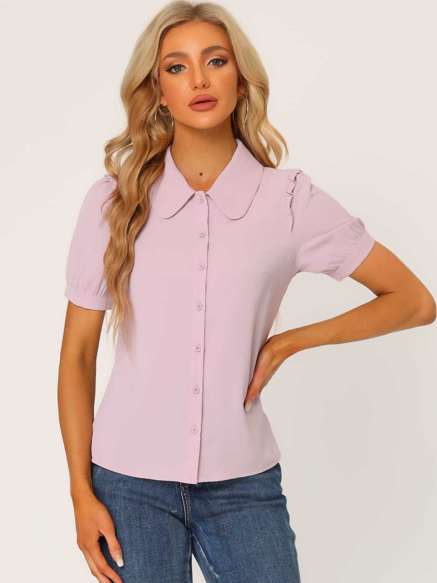Allegra K Work Collared Top for Women's Peter Pan Collar Short Sleeve Button Front Shirt X-Small Pink