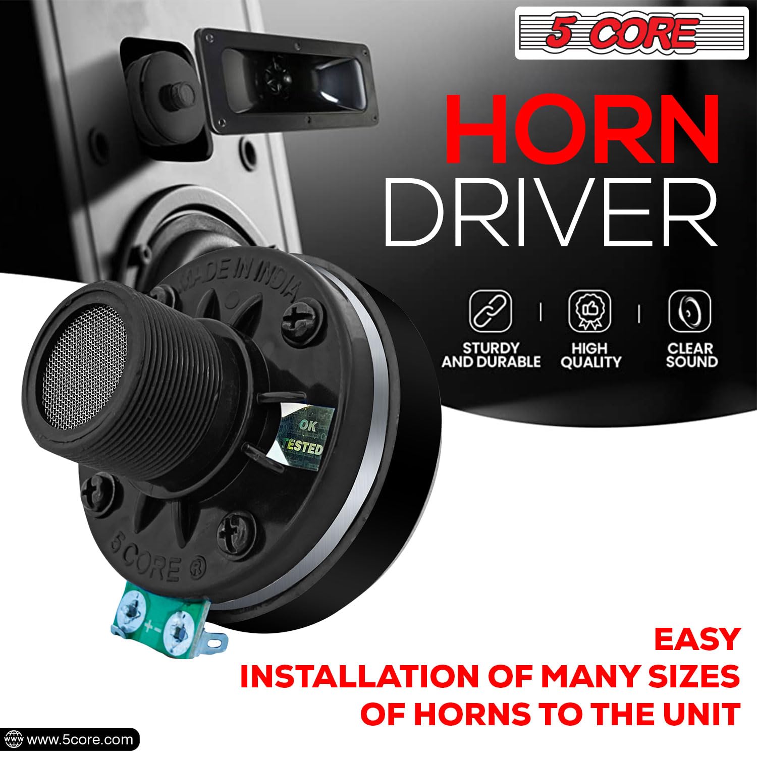 5 CORE Horn Speaker Tweeter Diaphragm Compression Driver 1 Inch Voice Coil 8 Ohm 200W PMPO Aluminum Weatherproof Throat Twist Tweeters Car Audio Speaker System 2Pcs 5C-D26 2PCS