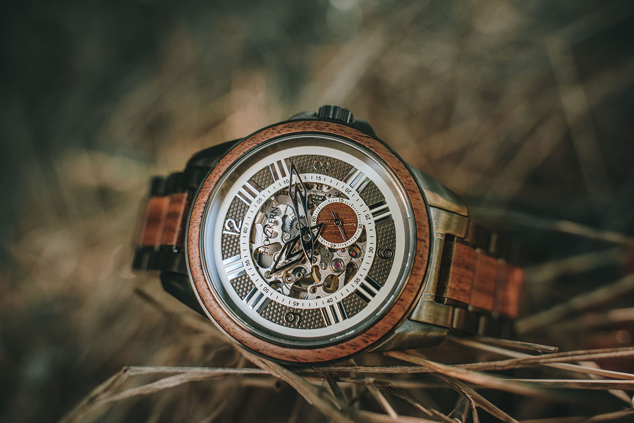 HOLZKERN Jemaa Men’s Watch, 43mm Silver Skeleton Dial, Brushed Stainless Steel Strap, Vintage Watch for Men