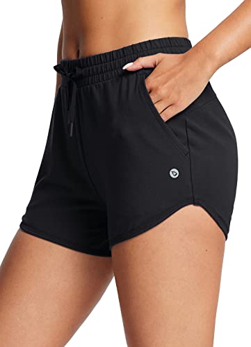 BALEAF Women's Athletic Cotton Sweat Shorts with Pockets 3.5" Workout Yoga Running Casual Sleep Short Summer Black L