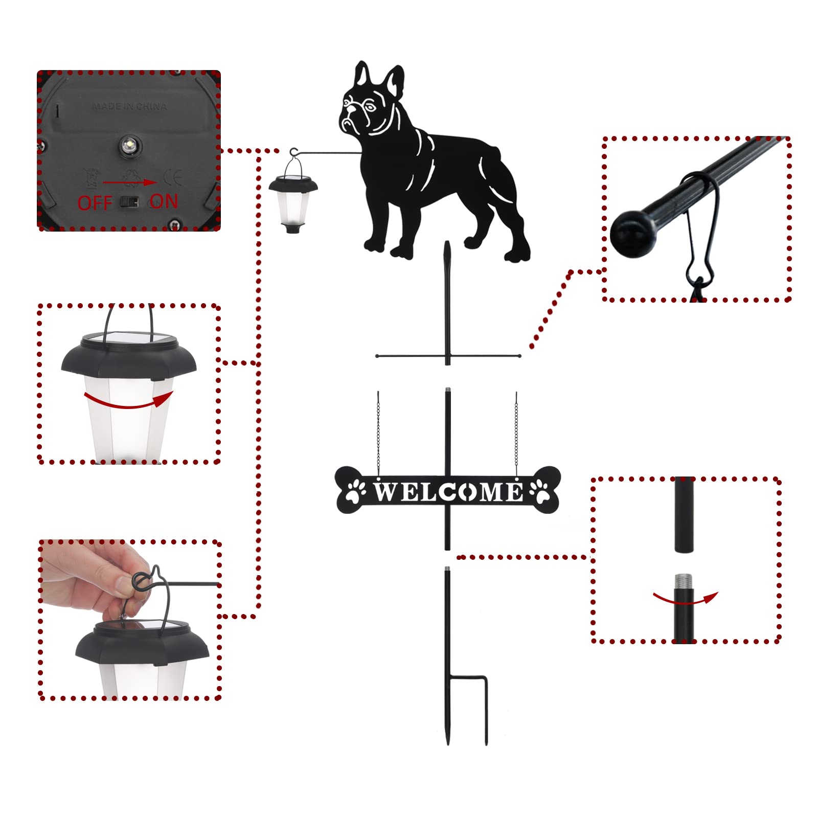 BAYN Solar French Bulldog Silhouette Dog Breed Welcome Sign with a Lantern Outdoor Decorative Garden Stakes for Yard, Lawn, Patio, Pathway