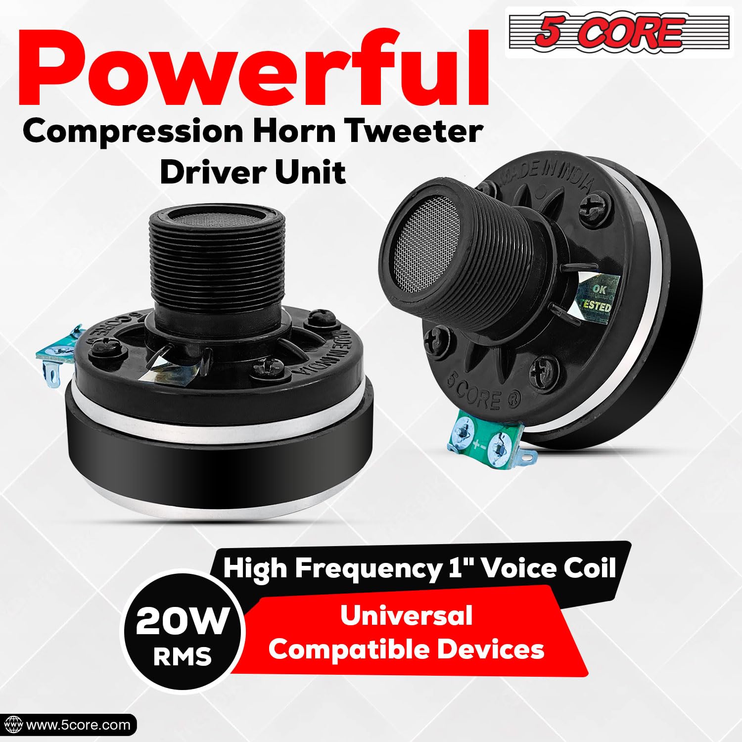 5 CORE Horn Speaker Tweeter Diaphragm Compression Driver 1 Inch Voice Coil 8 Ohm 200W PMPO Aluminum Weatherproof Throat Twist Tweeters Car Audio Speaker System 2Pcs 5C-D26 2PCS