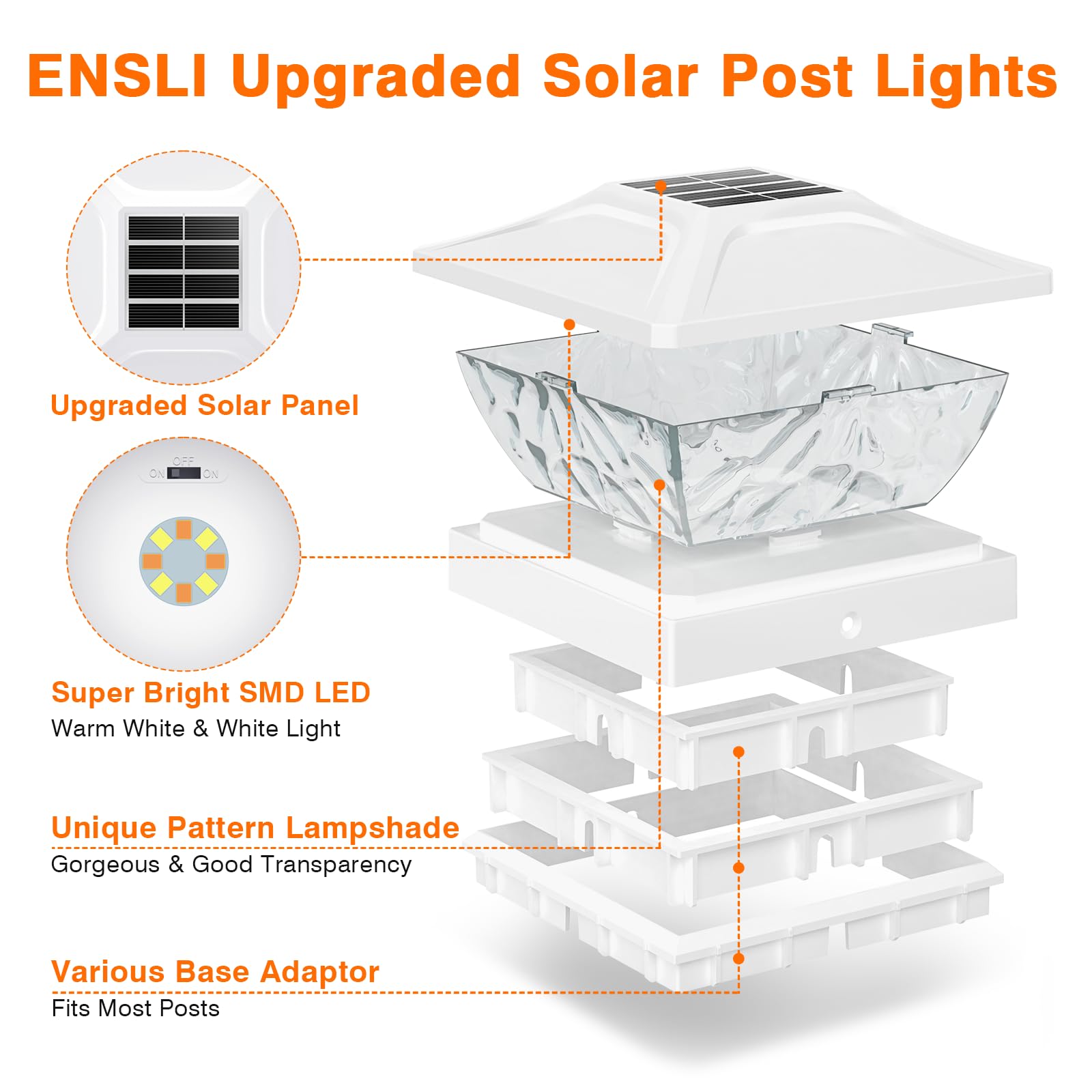 ENSLI 8 Pack Solar Post Cap Lights, 2 Mode Bright Solar Post Lights Outdoor Waterproof Fence Post Cap Lights, Outdoor Post Lights Solar Powered Deck Lights for 4x4 4.5x4.5 5x5 Posts in Garden Decor