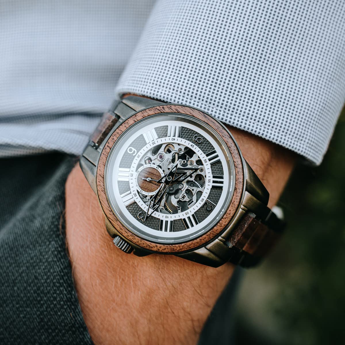 HOLZKERN Jemaa Men’s Watch, 43mm Silver Skeleton Dial, Brushed Stainless Steel Strap, Vintage Watch for Men