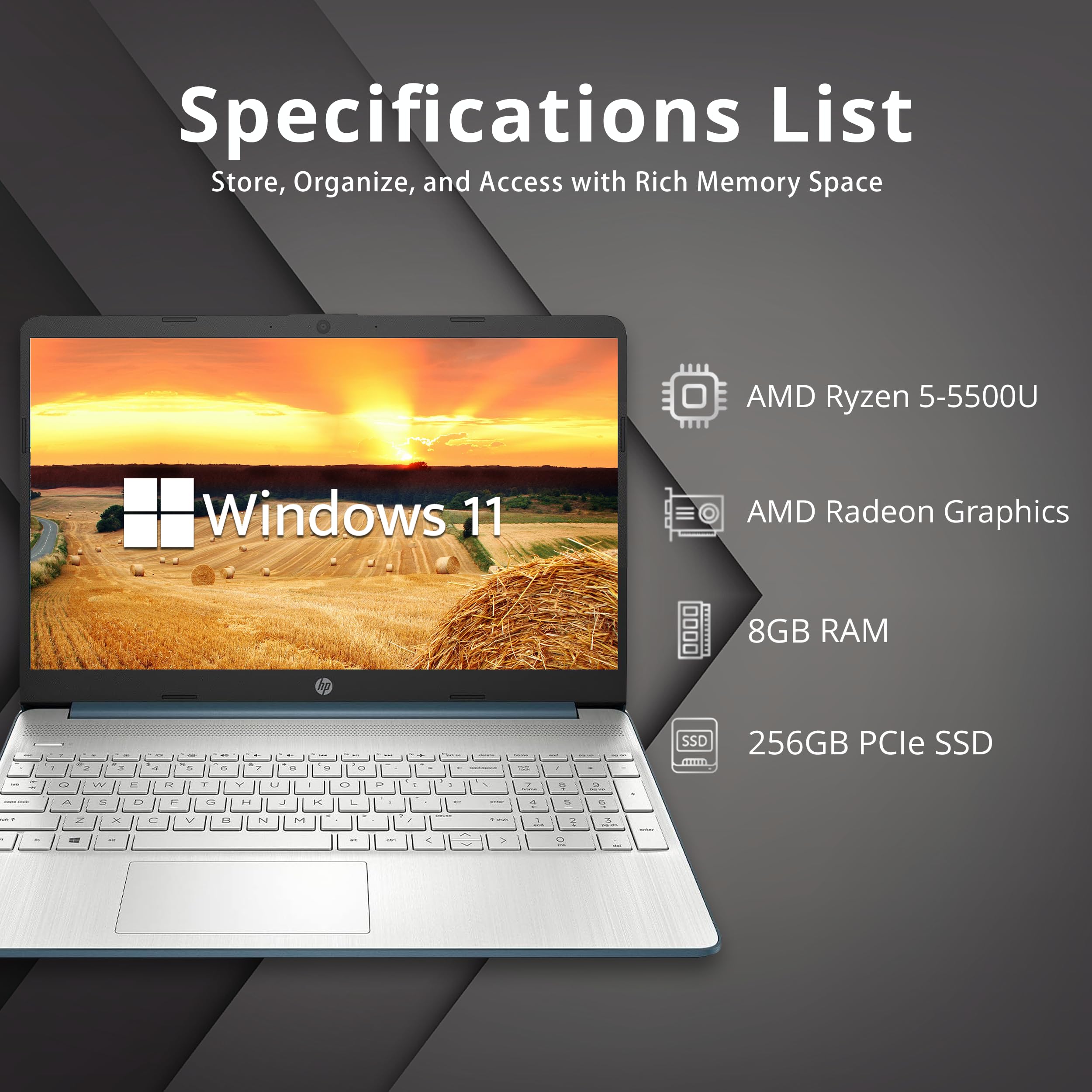 HP 15.6" FHD Laptop, AMD Ryzen 5-5500U Processor, AMD Radeon Graphics, 8GB RAM, 256GB PCIe SSD, HD Webcam, Bluetooth, Wi-fi, Win 11, Blue, 32GB Hotface USB Card